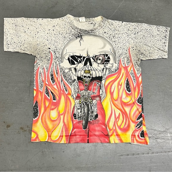 Vintage | Shirts | Vintage All Over Print Ghost Rider Flaming Biker ...